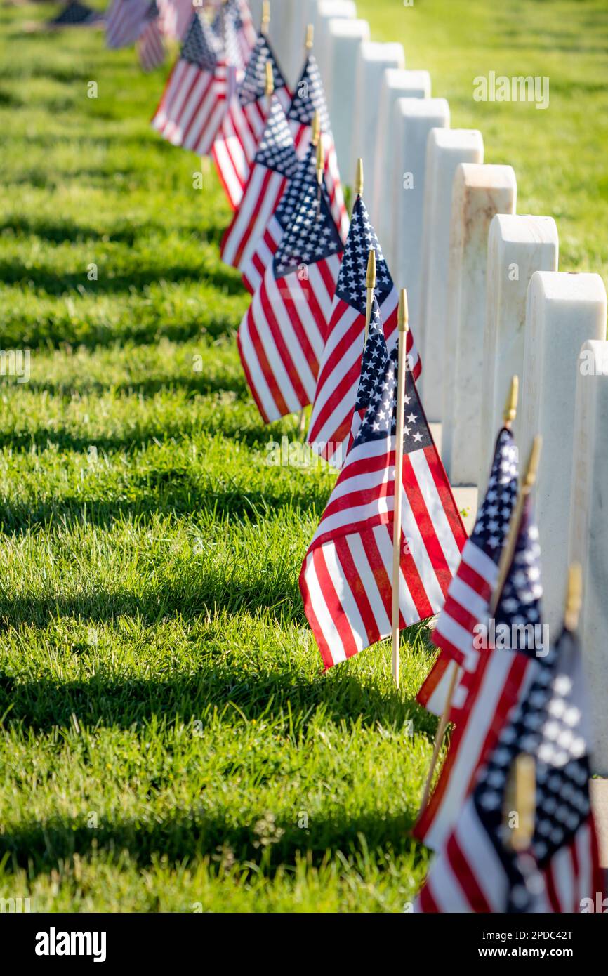 Military headstones honoring armed forces servicemen decorated with ...