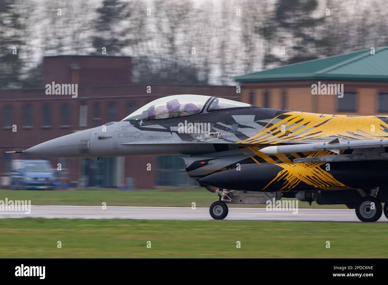 Belgian Air Force X-Tiger F-16 on take off at RAF Waddington during the ...