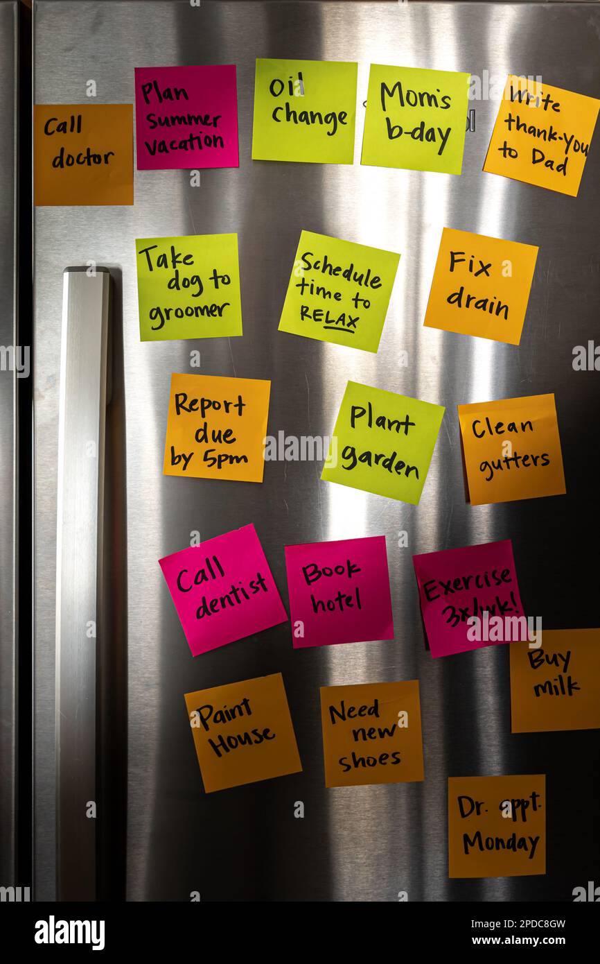 Refrigerator Door Full of Reminder Notes with Schedule Time to Relax ...