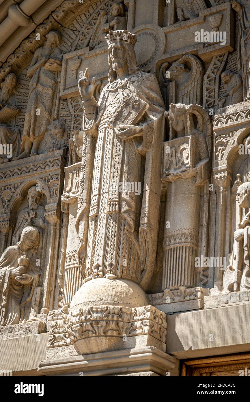Tympanum of Jesus Christ and the apostles over the entrance of a gothic ...