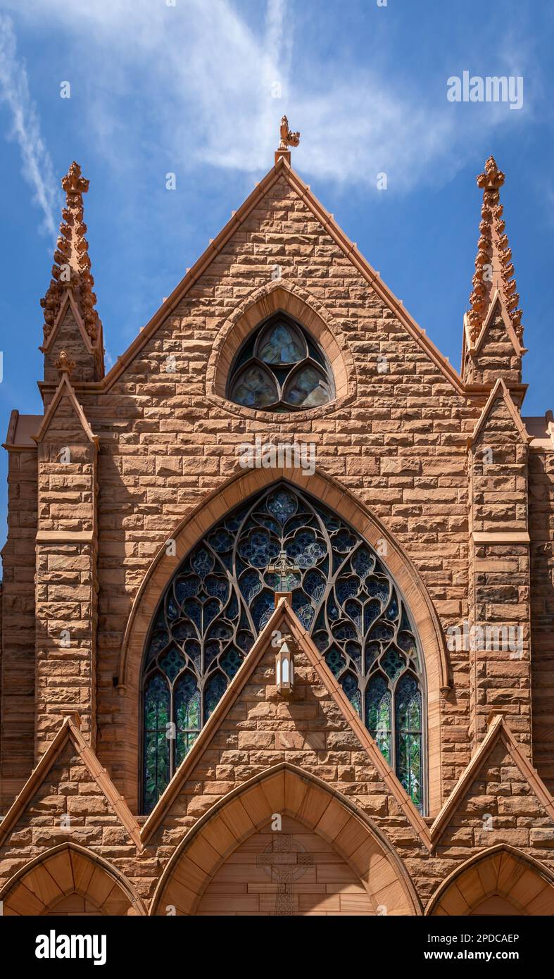 Spires And Stained Glass Windows Of Presbyterian Church Exterior Stock 3160