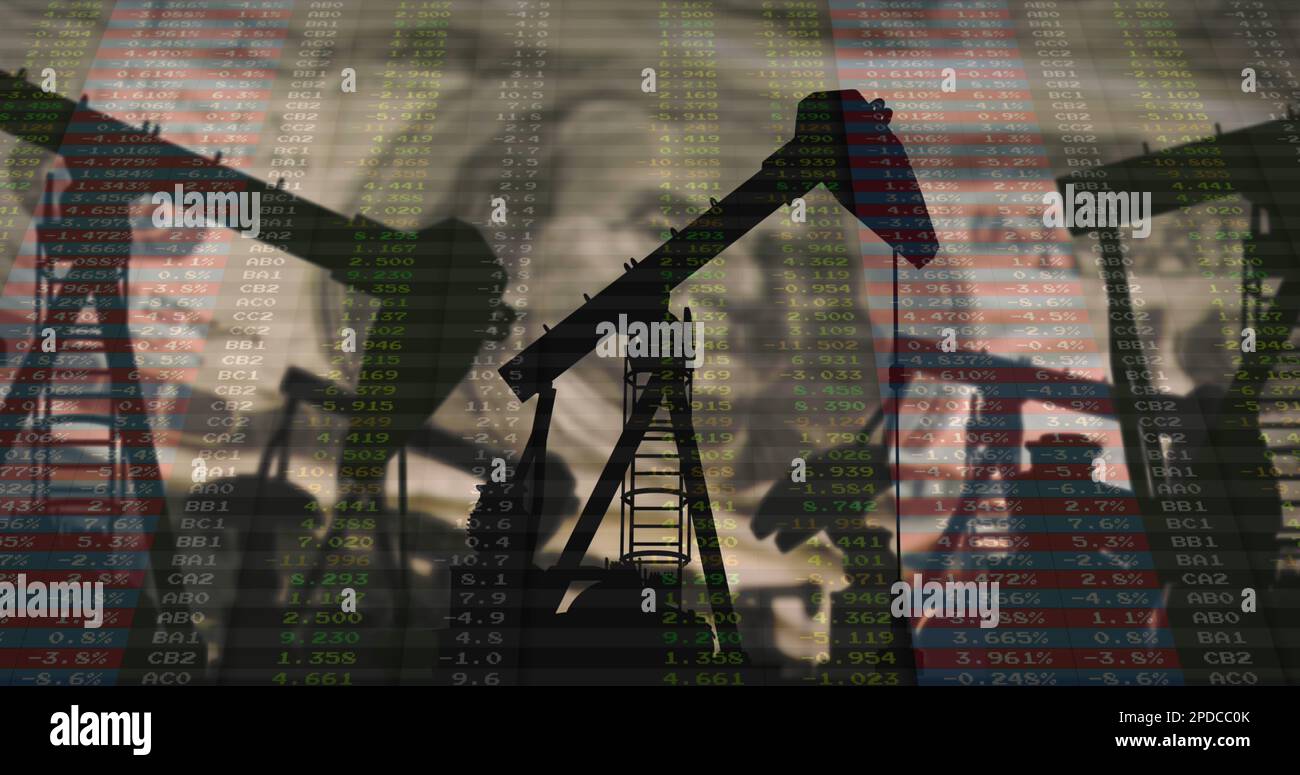 Image of pump jacks over money and data Stock Photo - Alamy