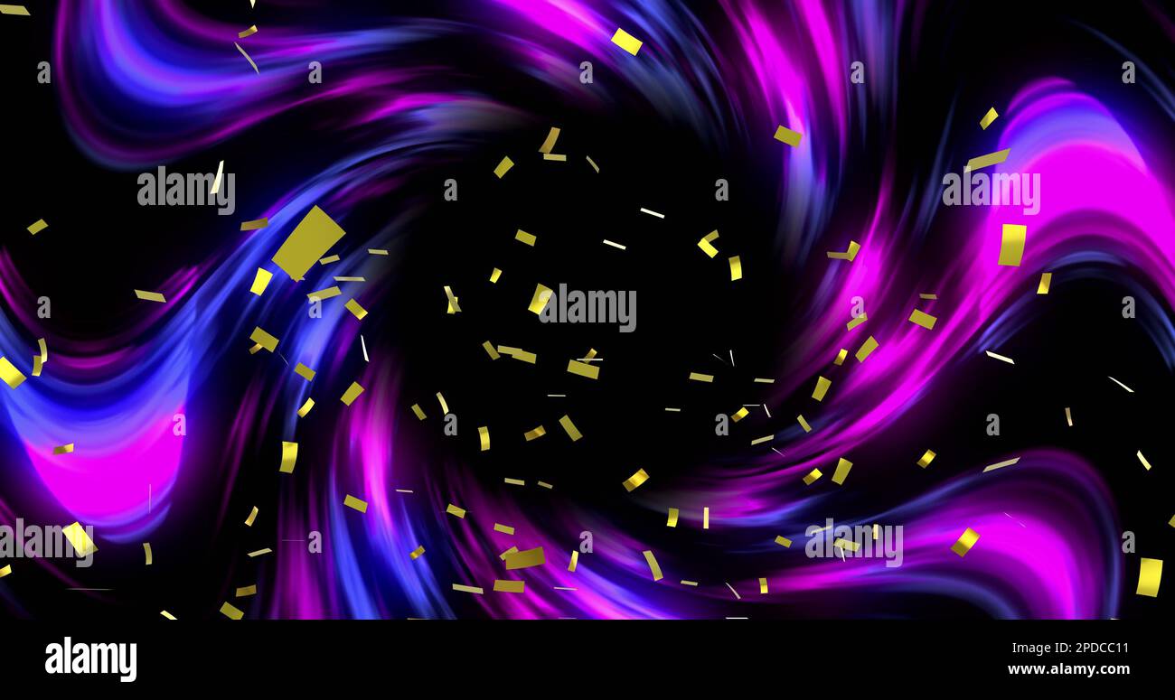 Image of gold confetti falling over spinning blue and purple light ...