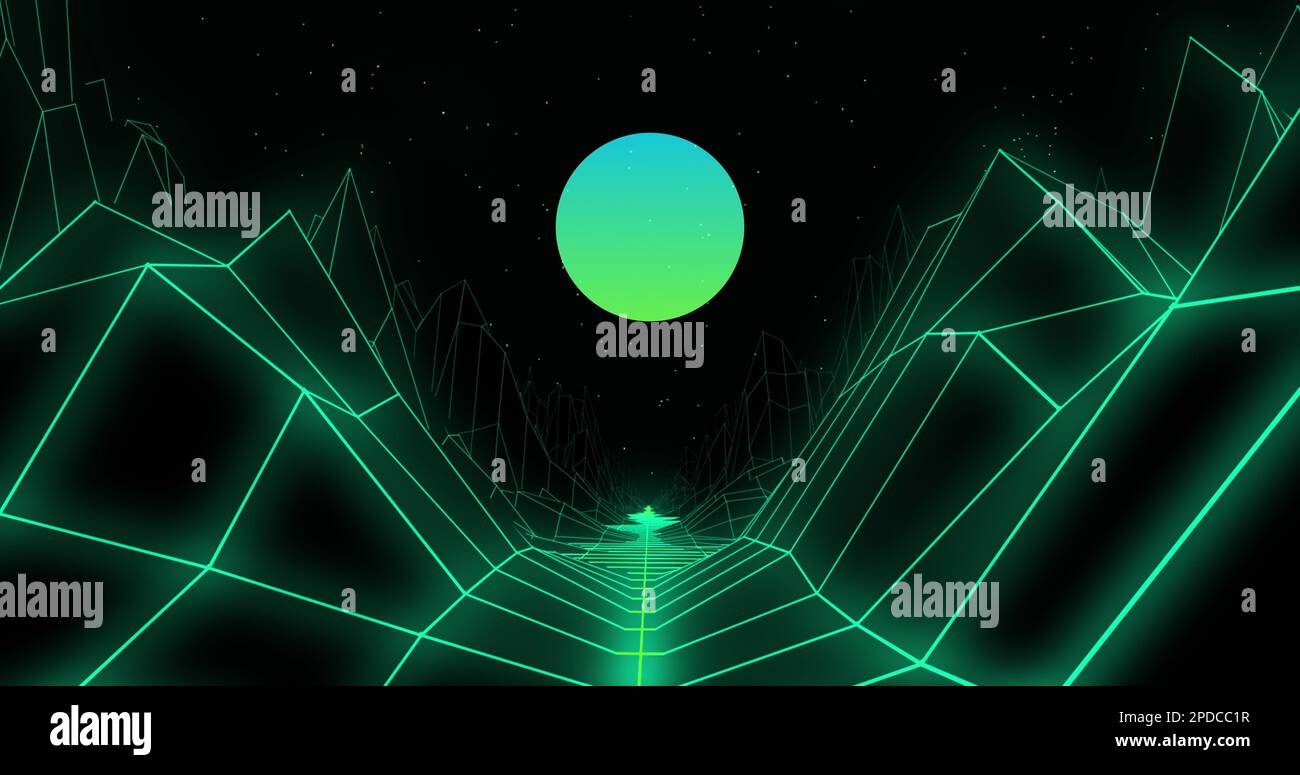 Image of metaverse with digital sun and mountains on black background ...