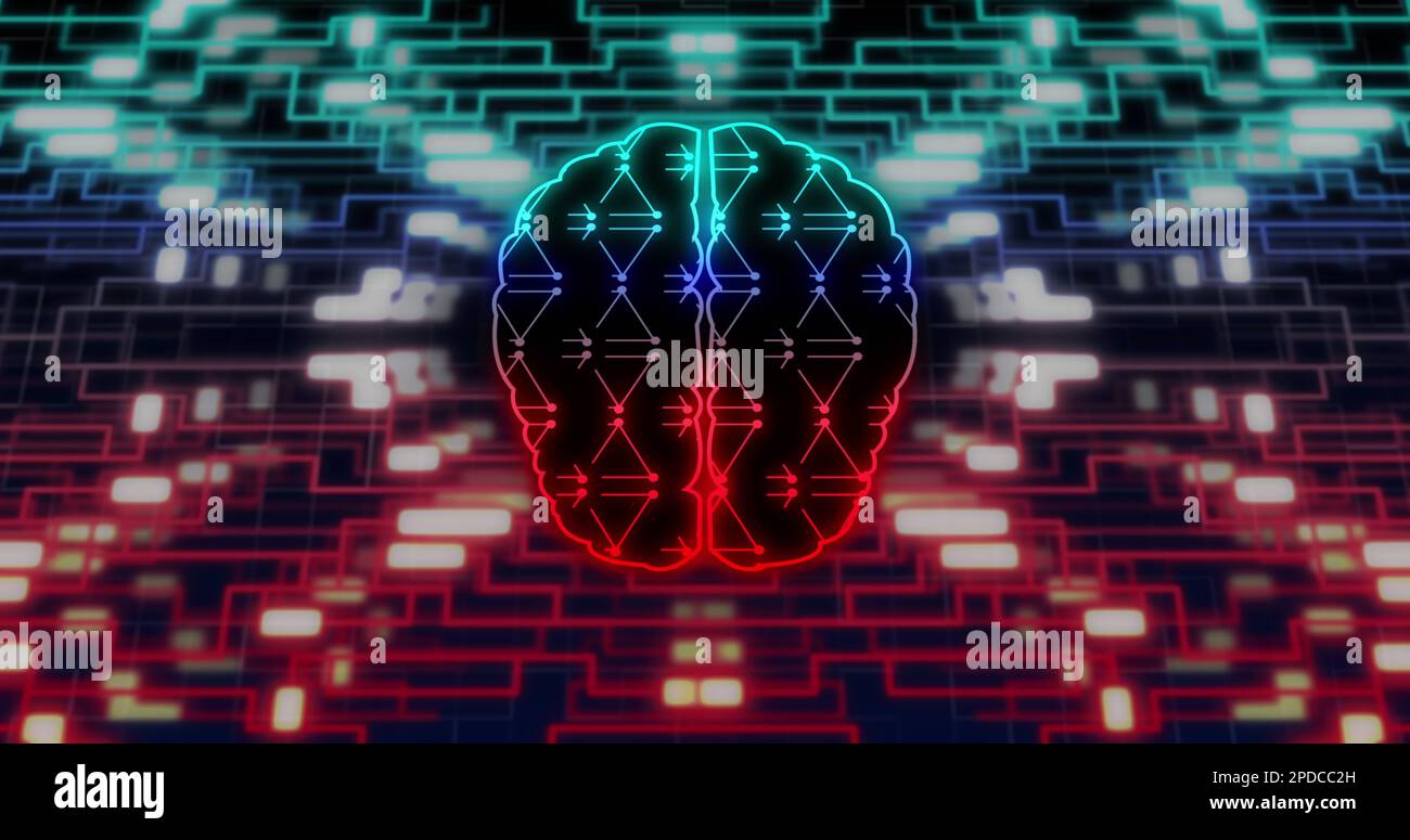 Image of digital brain over network of connections and shapes Stock ...