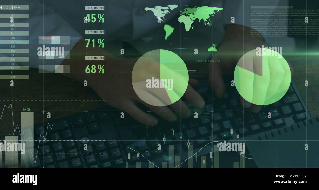 Image of financial data processing and world map over man typing on computer keyboard Stock ...