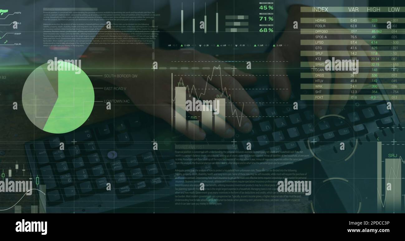 Image of financial data processing and world map over man typing on ...