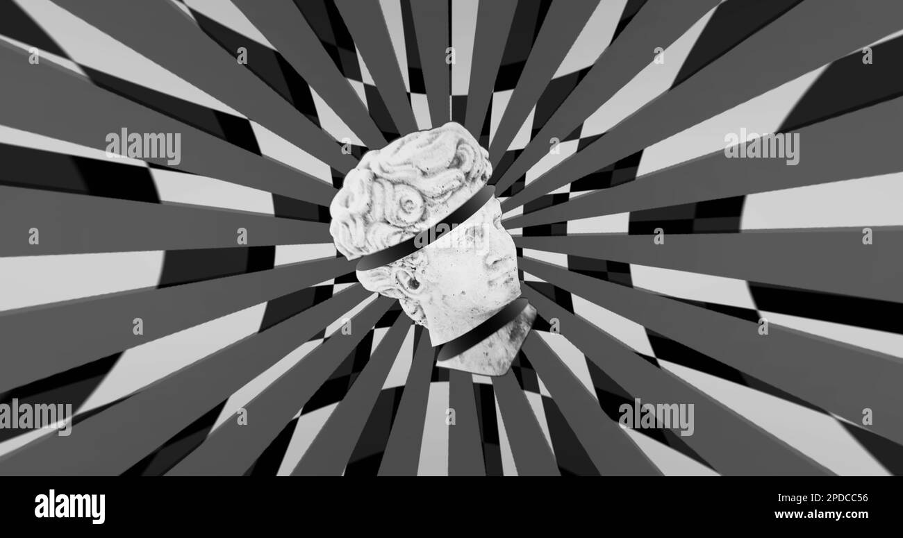 Image of head sculpture over stripes on checkered background Stock ...