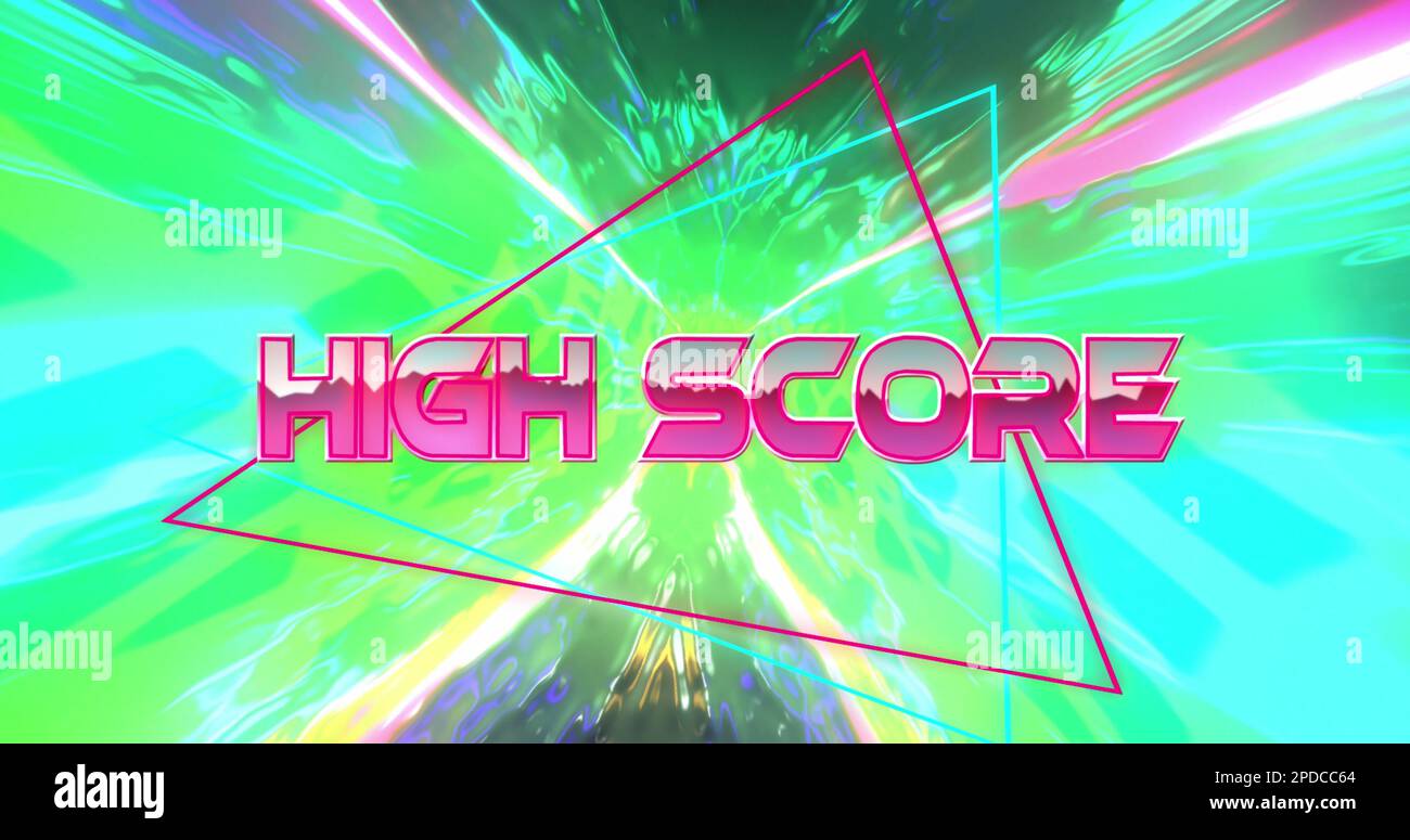 Image of high score text and triangle on multi coloured background ...