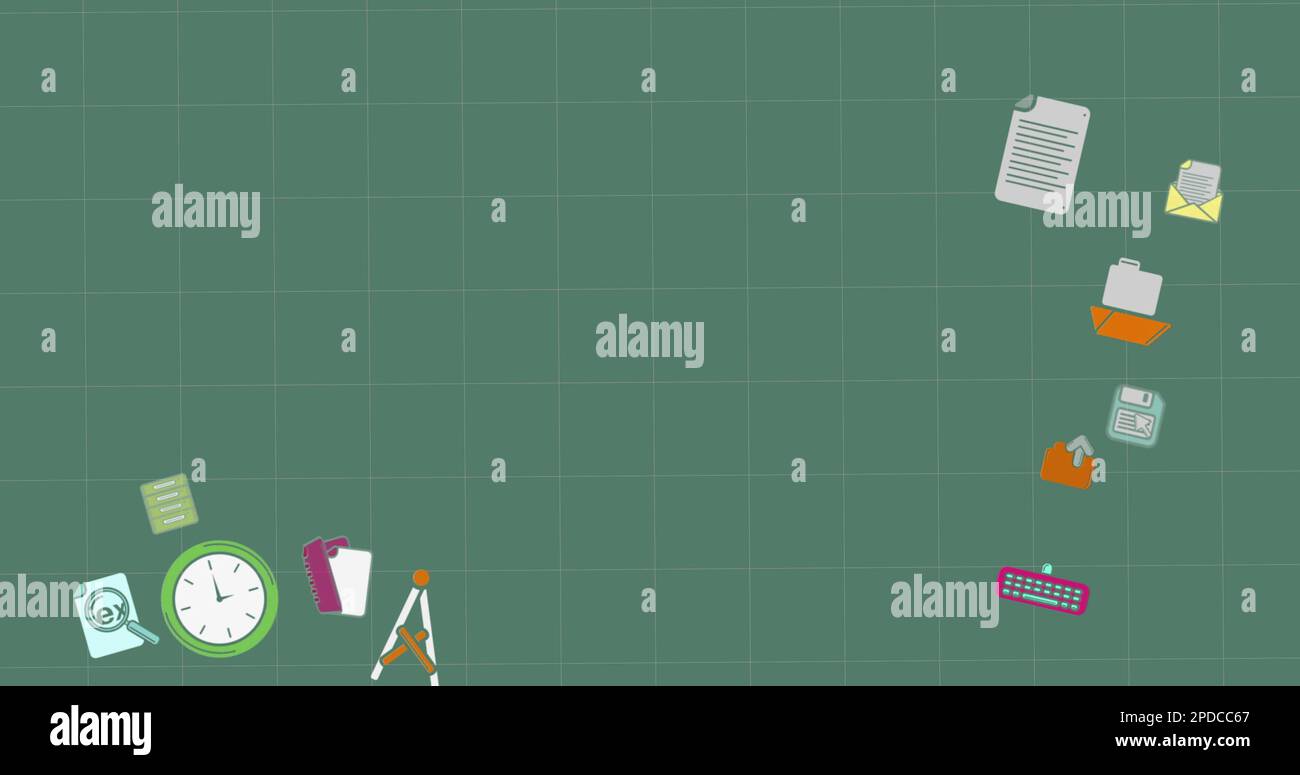 Image of school and learning icons on green background Stock Photo - Alamy