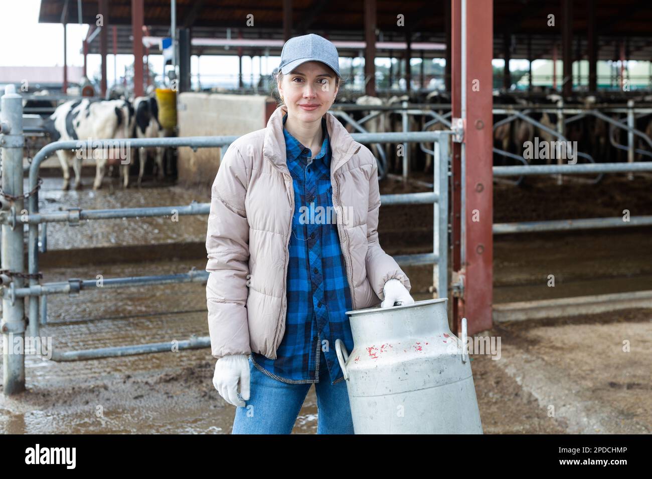 Milkmaid with aluminium cans near open cowshed at dairy farm Stock ...