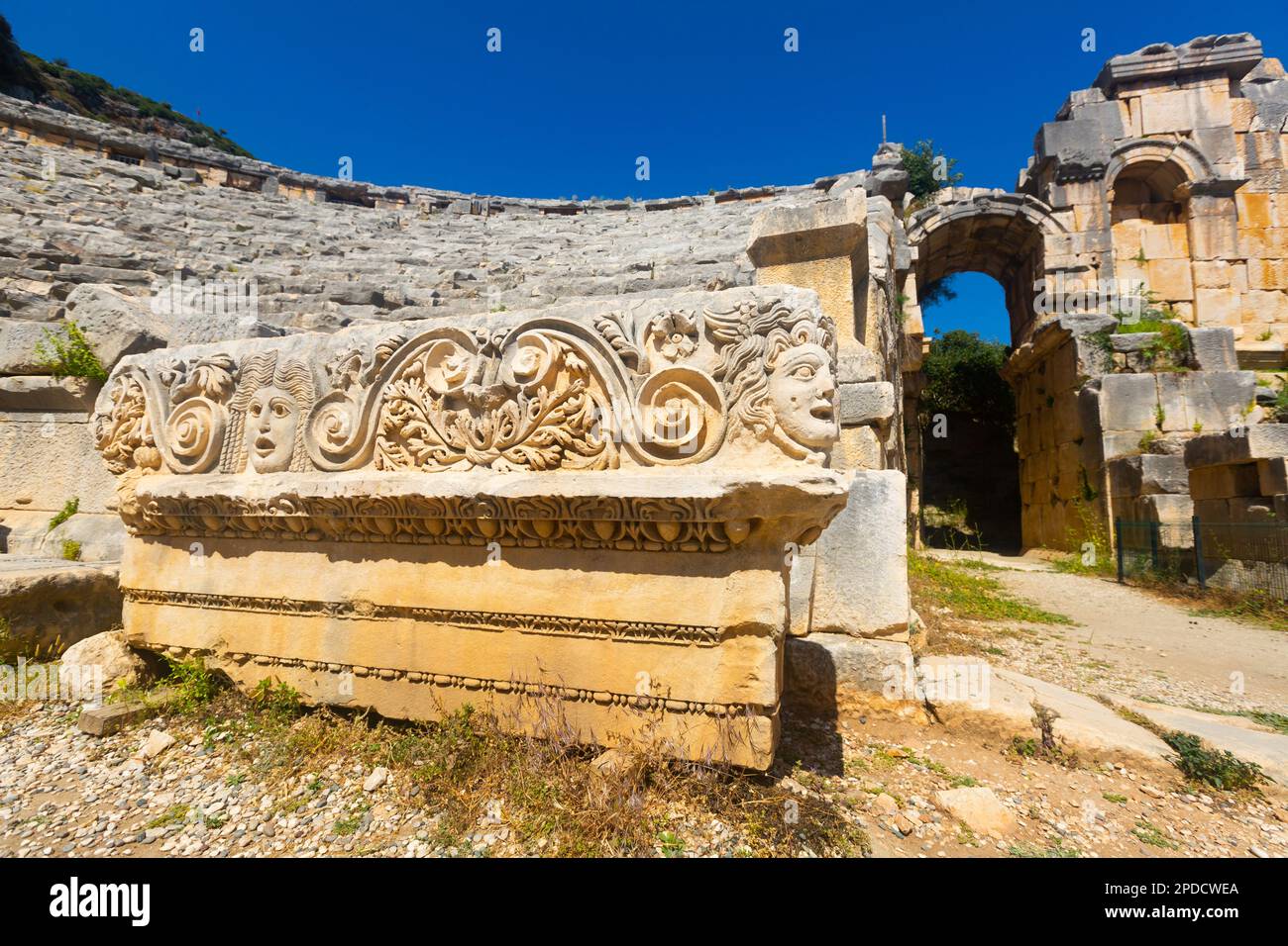 Sculptural element on ruins of Roman theater in ancient Lycian city of ...