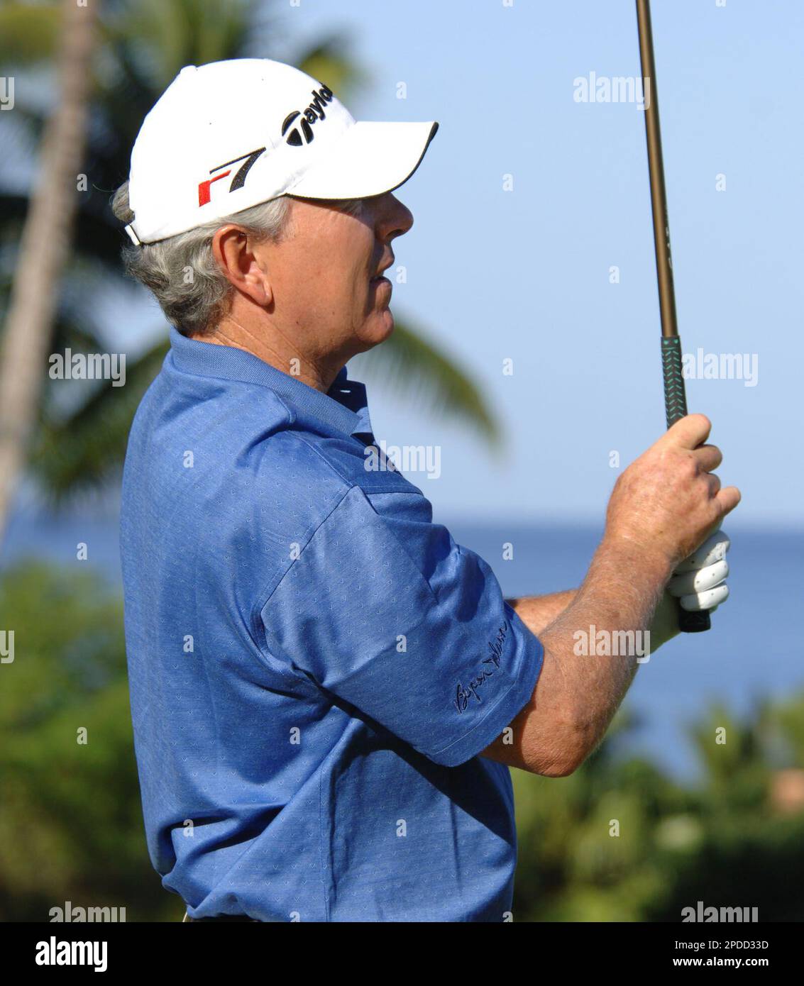 Hale Irwin follows the flight of his drive off the Wailea Gold Course's ...