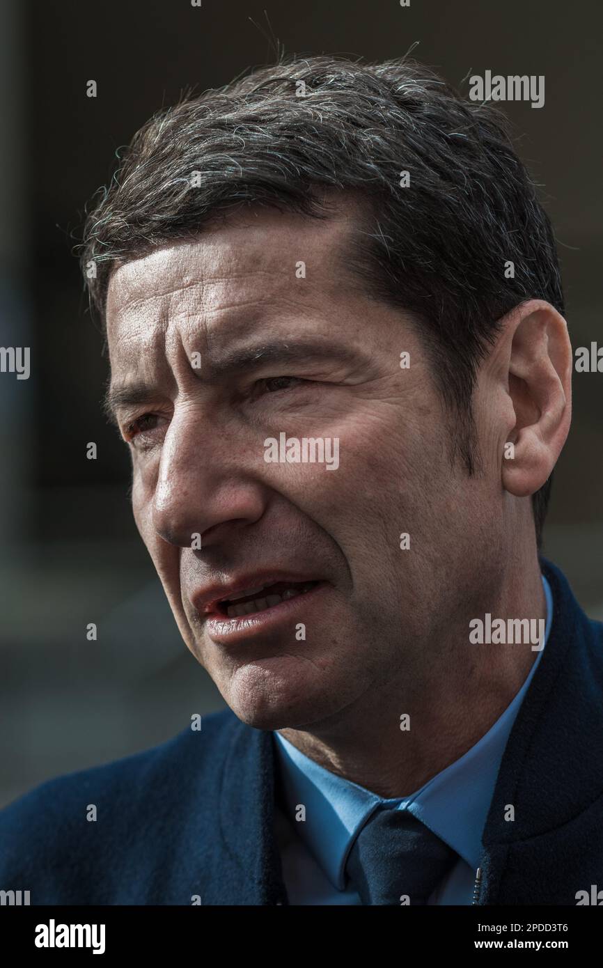 Cannes, France. 14th Mar, 2023. David Lisnard, mayor of Cannes arrives ...