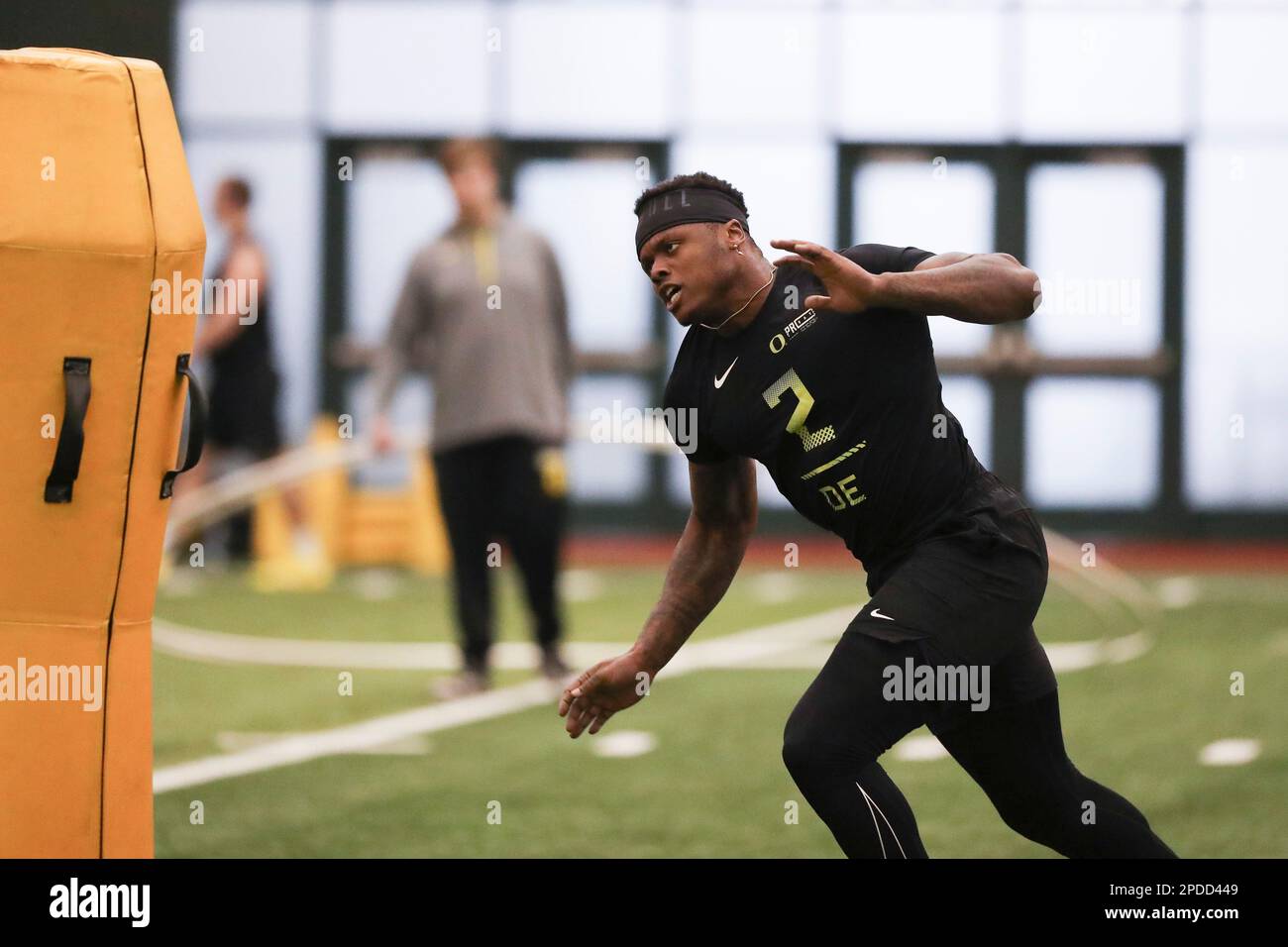 Oregon football player DJ Johnson (2) participates in a position drill ...