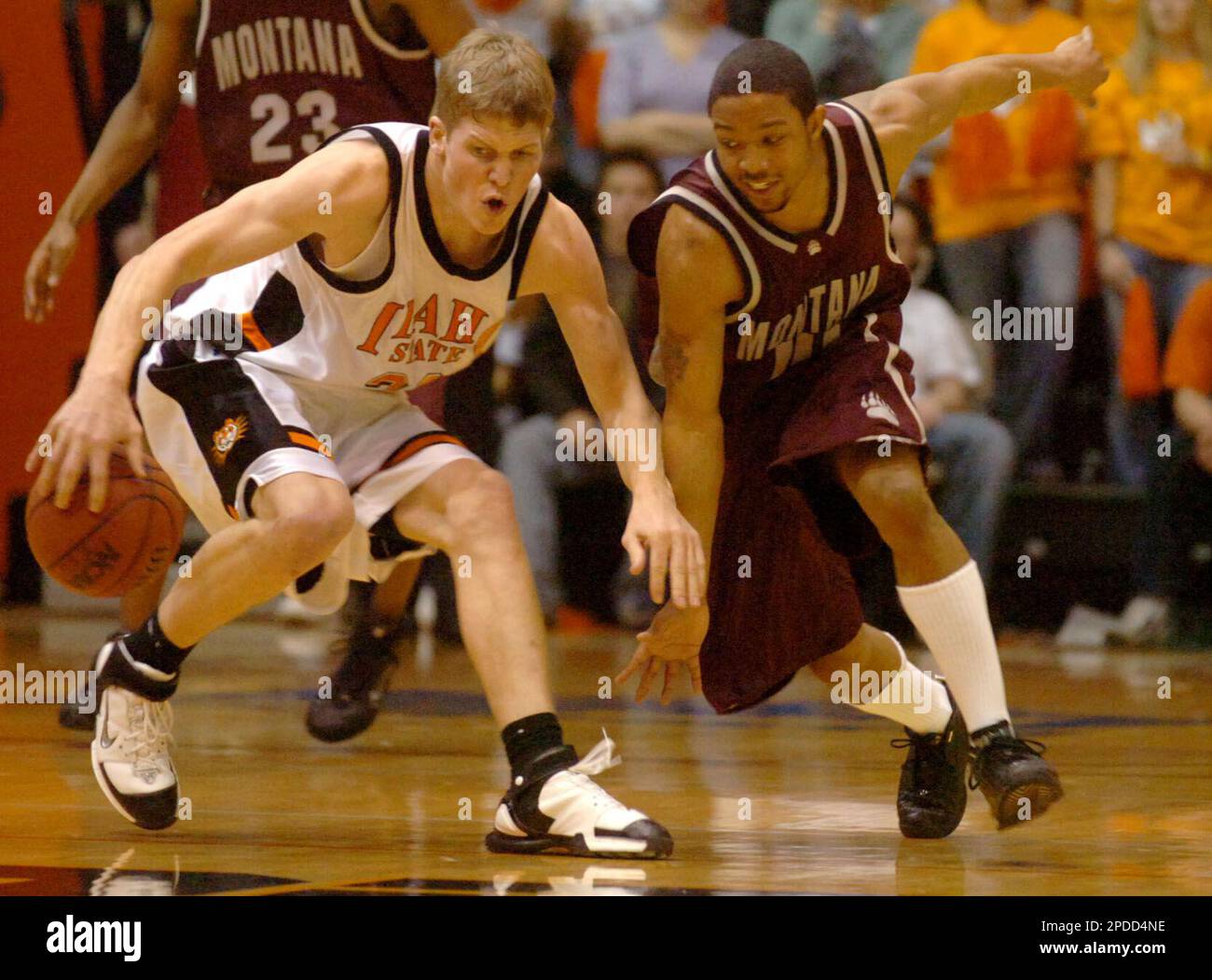 Montana's Bryan Ellis, right, attempts to steal the ball from Idaho ...