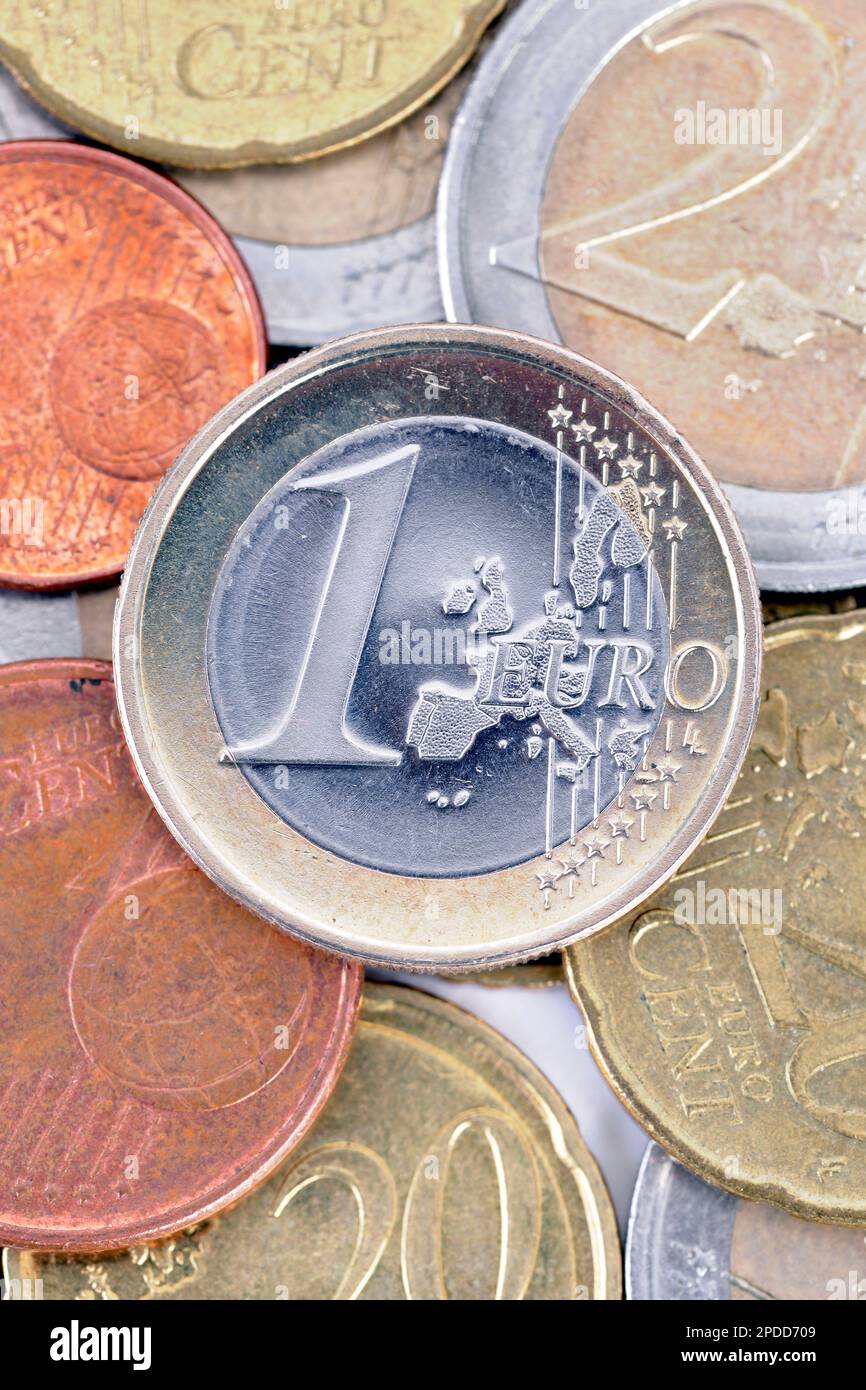 Euro coins with 1 Euro in the centre Stock Photo - Alamy