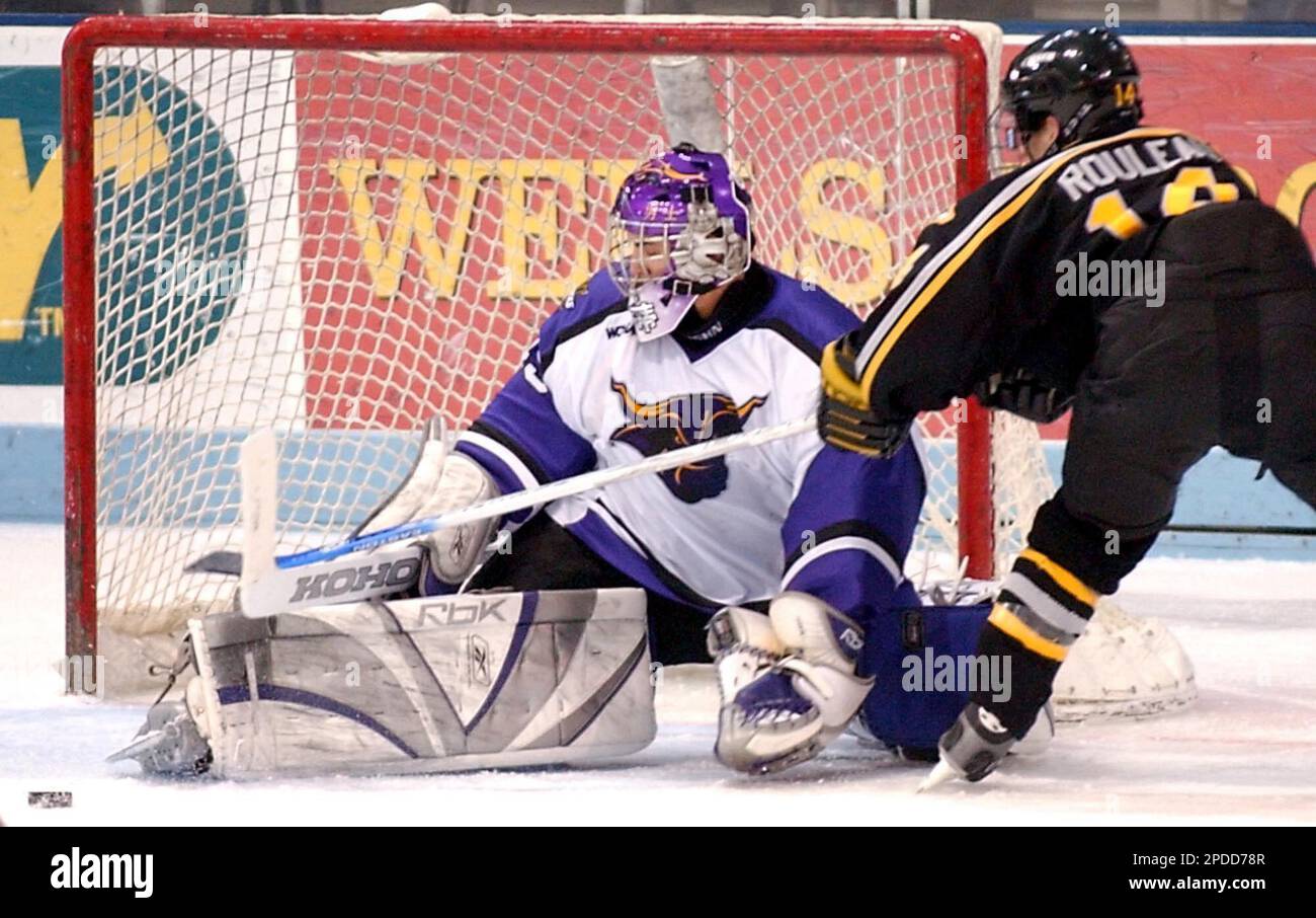 Minnesota State, Mankato goalie Dan Tormey stops a shot by Michigan ...