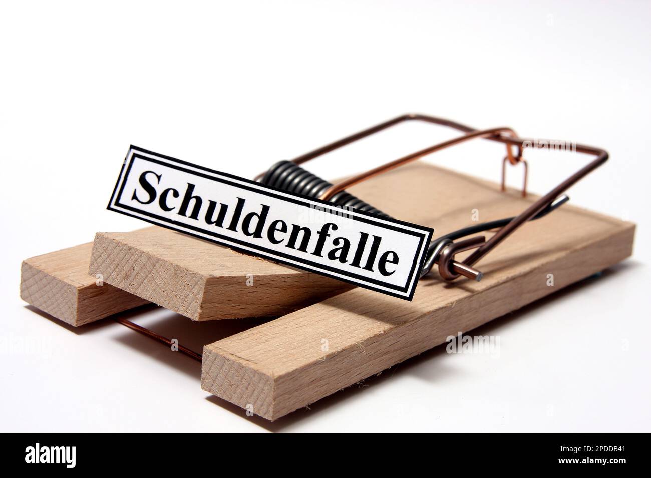 wooden mousetrap with sign lettering Schuldenfalle, debt trap Stock ...