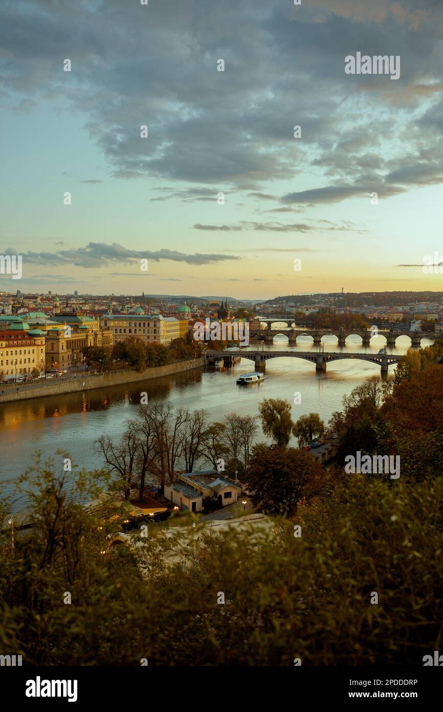 landscape with Vltava river and Charles Bridge at sunset shotted ...