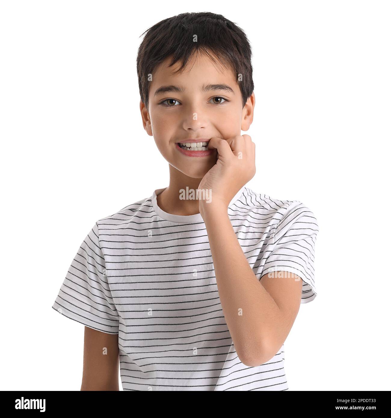 Little boy biting nails on white background Stock Photo - Alamy