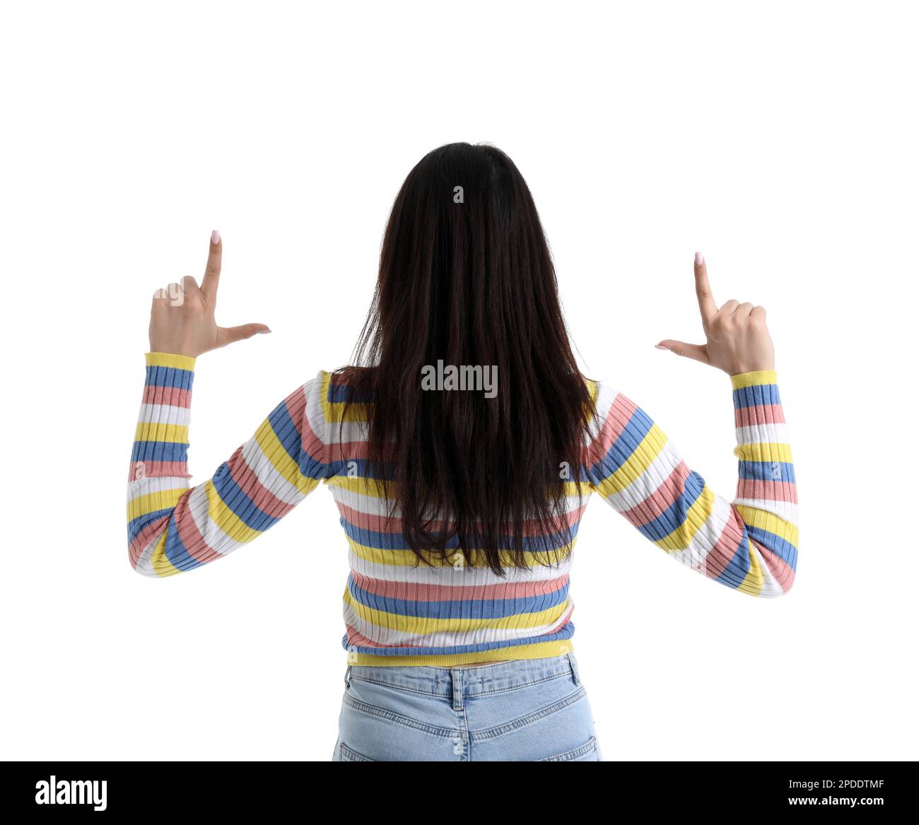 Young woman showing loser gesture on white background, back view Stock ...