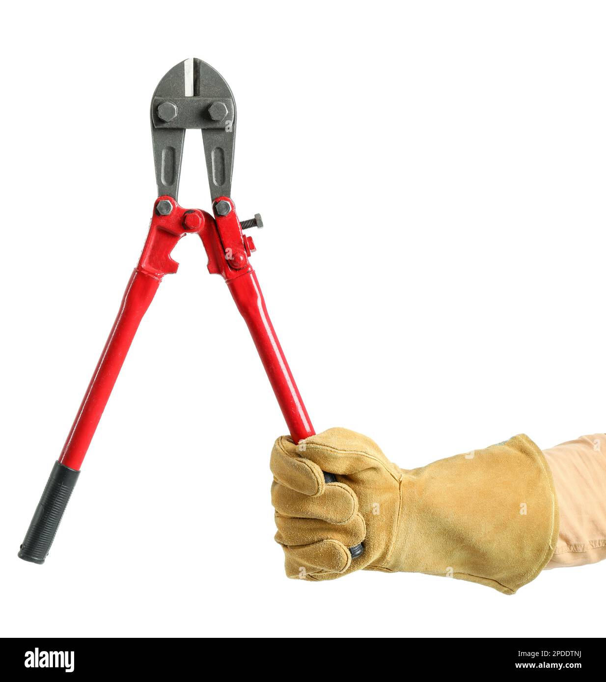 Worker with bolt cutter on white background Stock Photo - Alamy