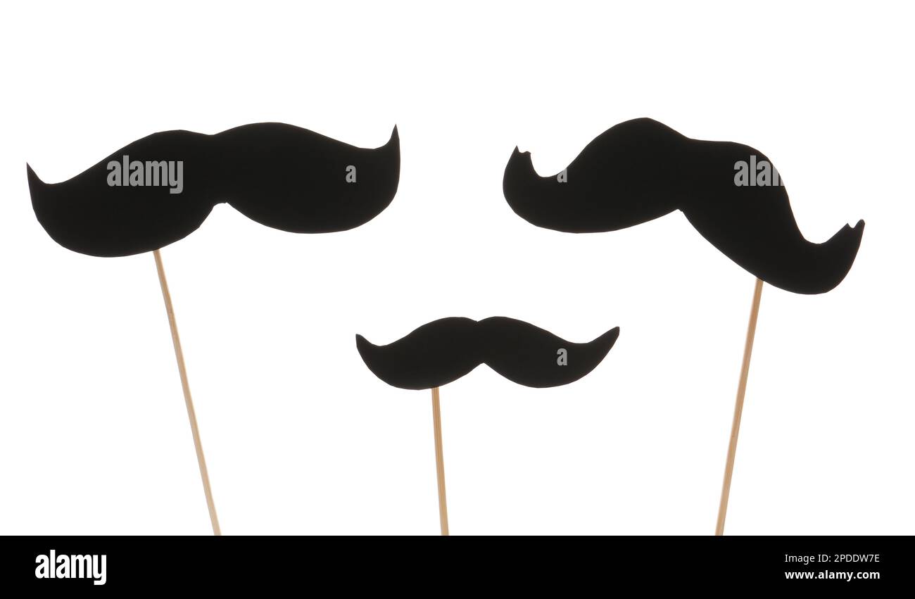 Set of black paper mustaches on sticks against white background ...
