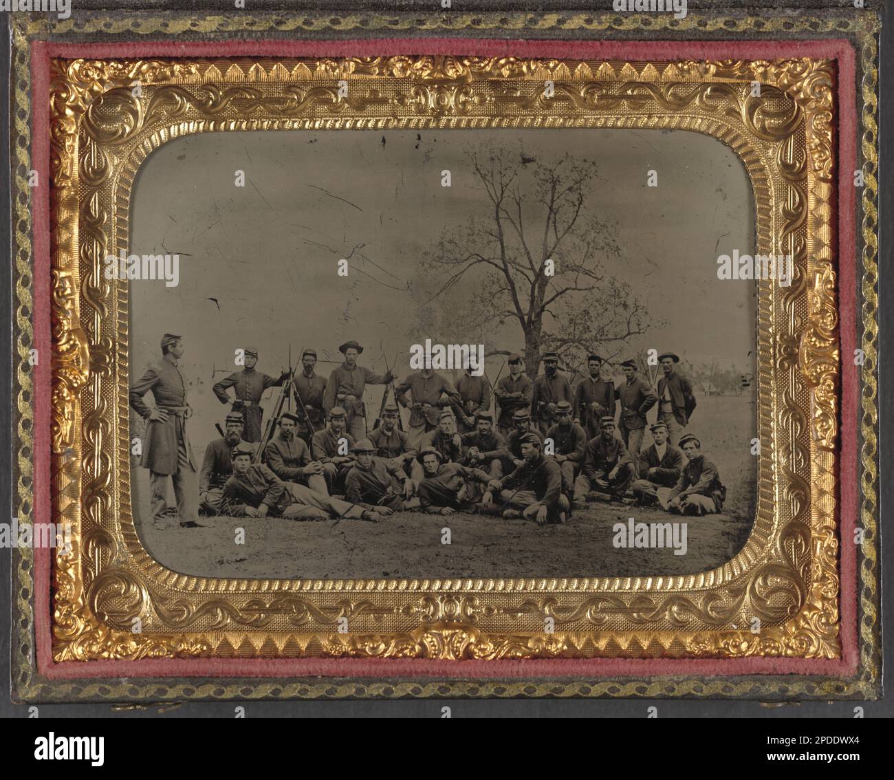 Group of 26 unidentified soldiers in Union uniforms with stacked ...