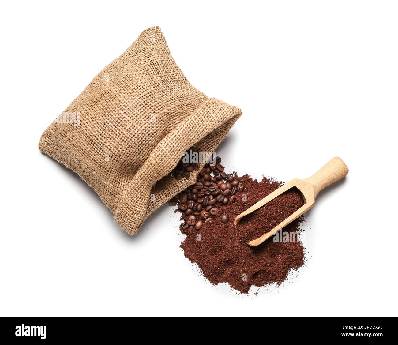 Bag with scoop, coffee powder and beans on white background Stock Photo ...