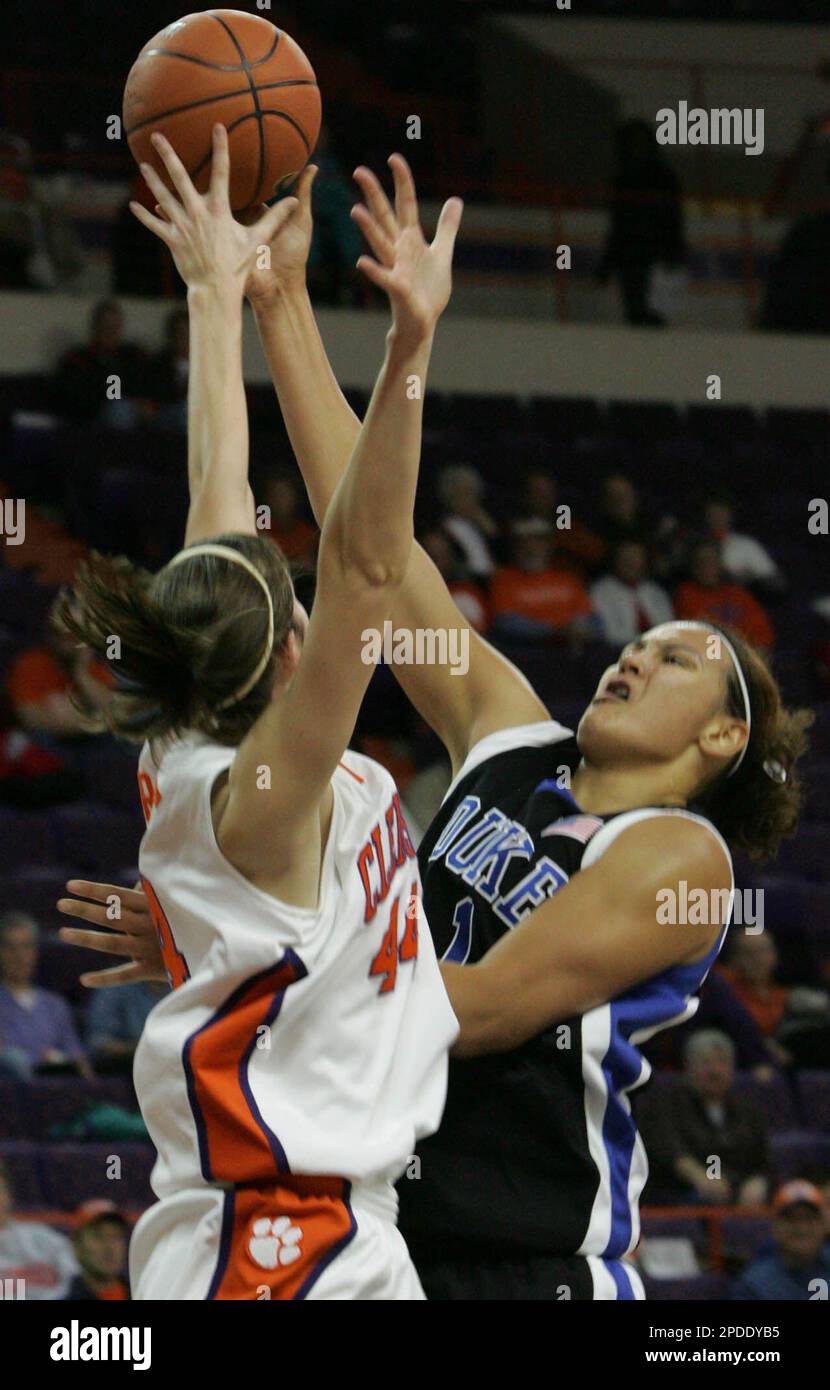 Duke's Mistie Williams (1) draws the foul from Clemson's Amanda Frist ...