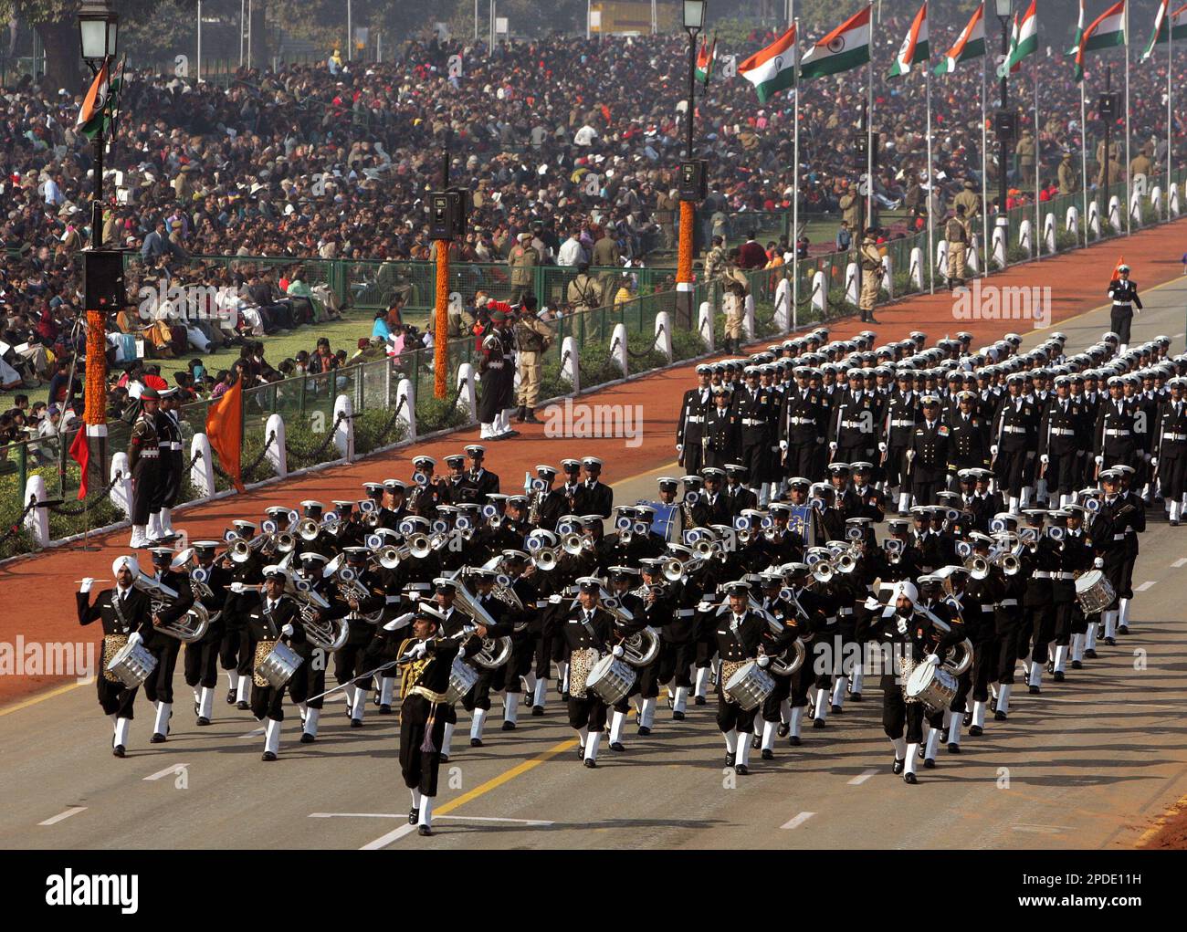 Indian navy soldiers march during the 57th Republic Day parade, in New ...