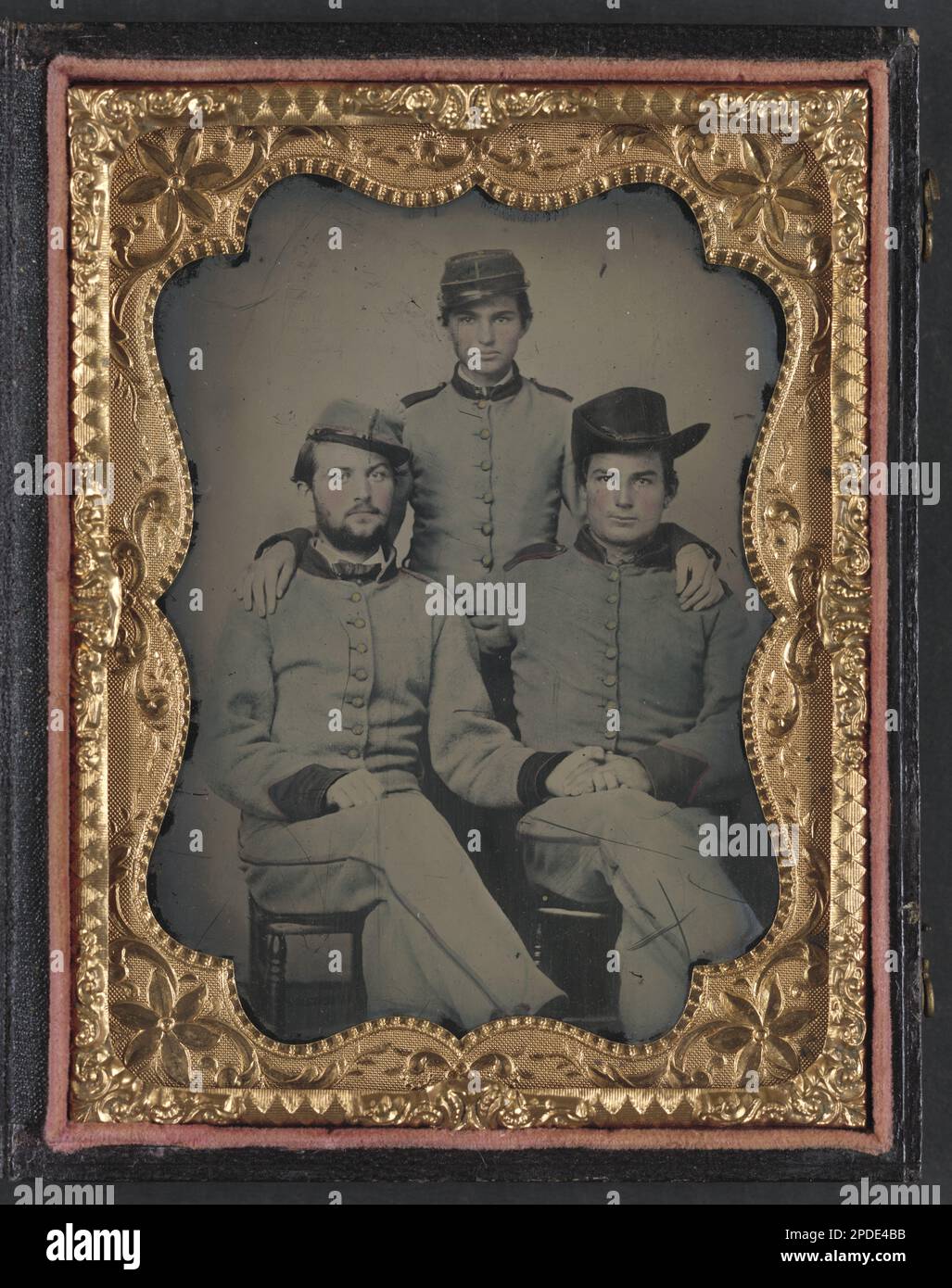 Three unidentified soldiers in Confederate artillerymen uniforms ...