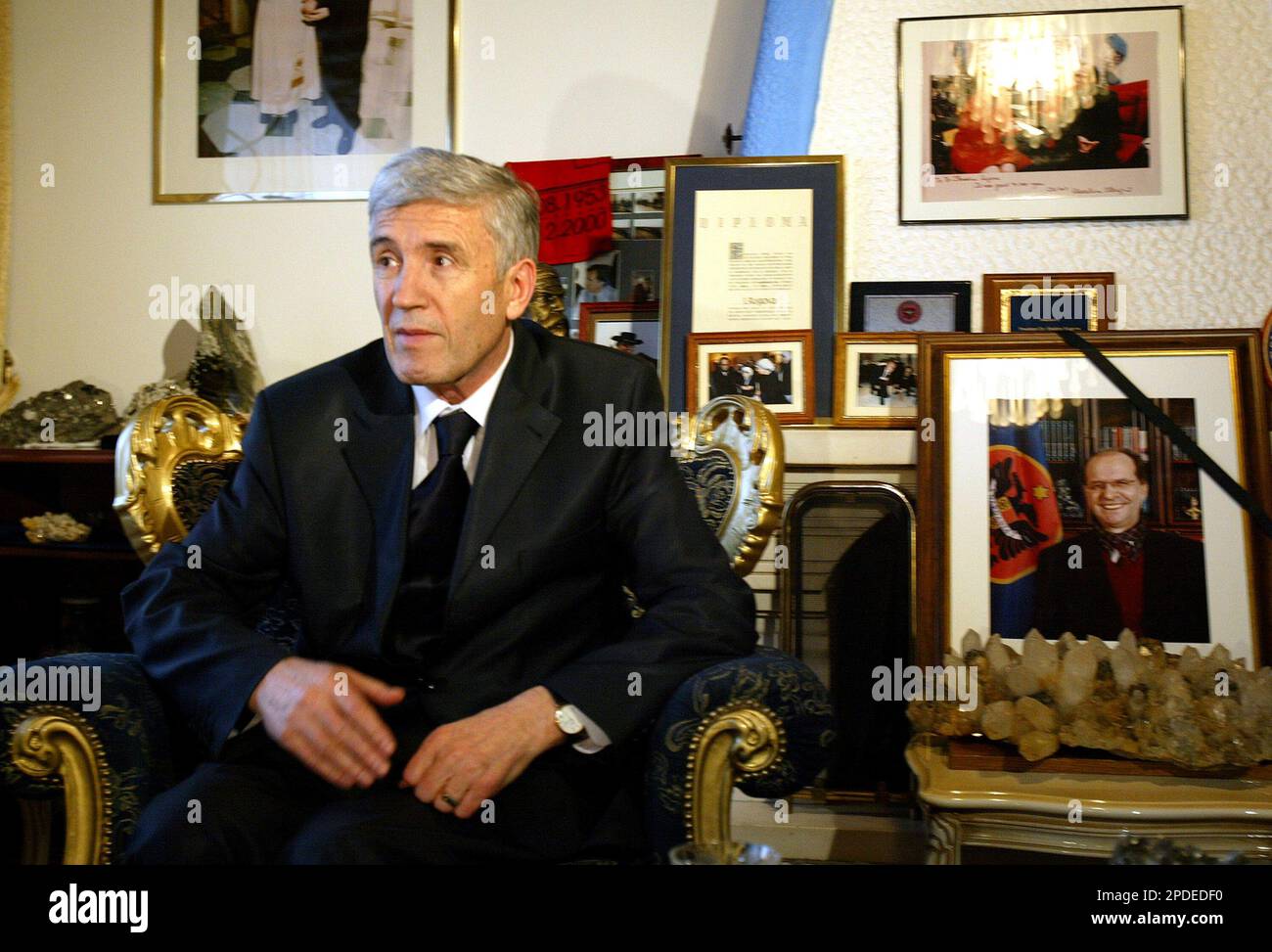 President of Kosovo's Assembly Nexhat Daci awaits guests to come and ...