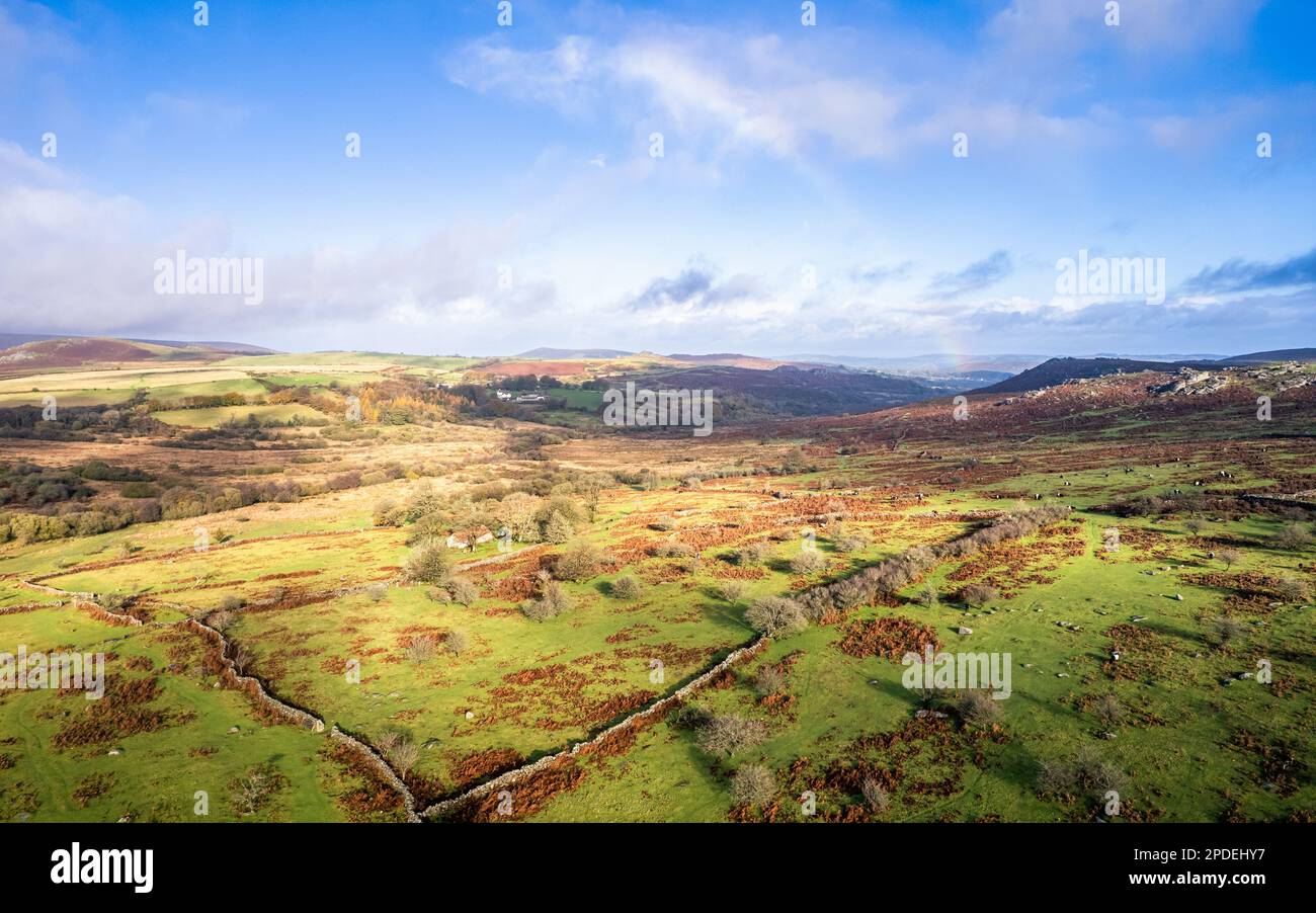 View over Emsworthy Mire from a drone, Haytor Rocks, Dartmoor National ...