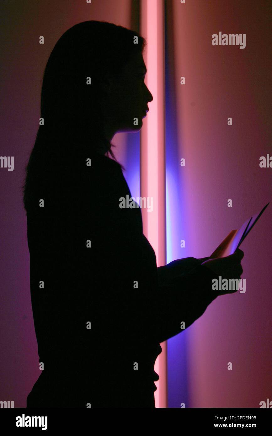 A gallery visitor looks at a light work by American artist Dan Flavin ...