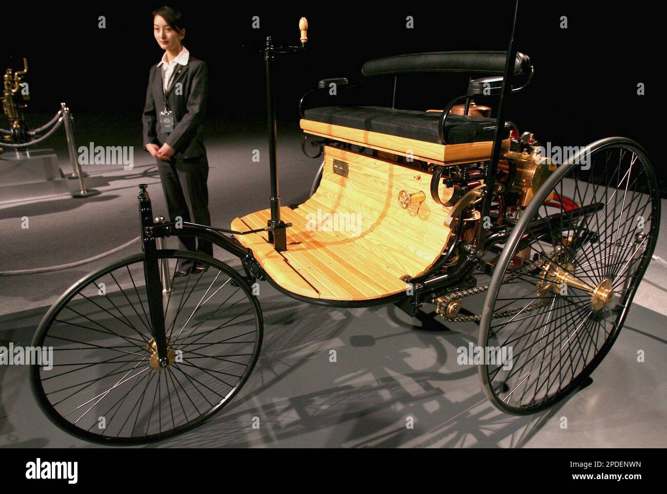 A replica of the first car made by Karl Benz in 1886 is displayed ...