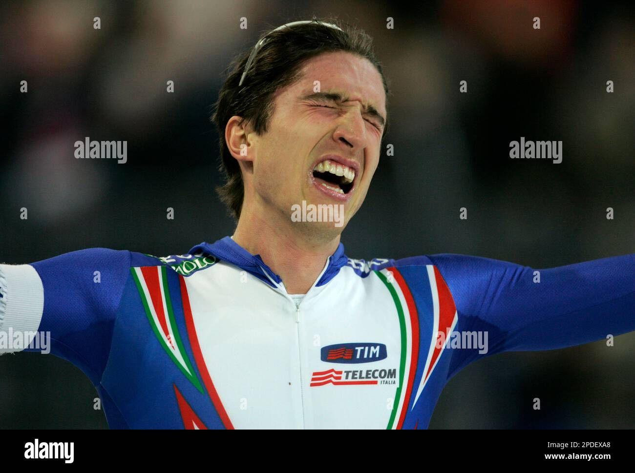 Italy's Enrico Fabris reacts after finishing the men's 10,000 metre ...