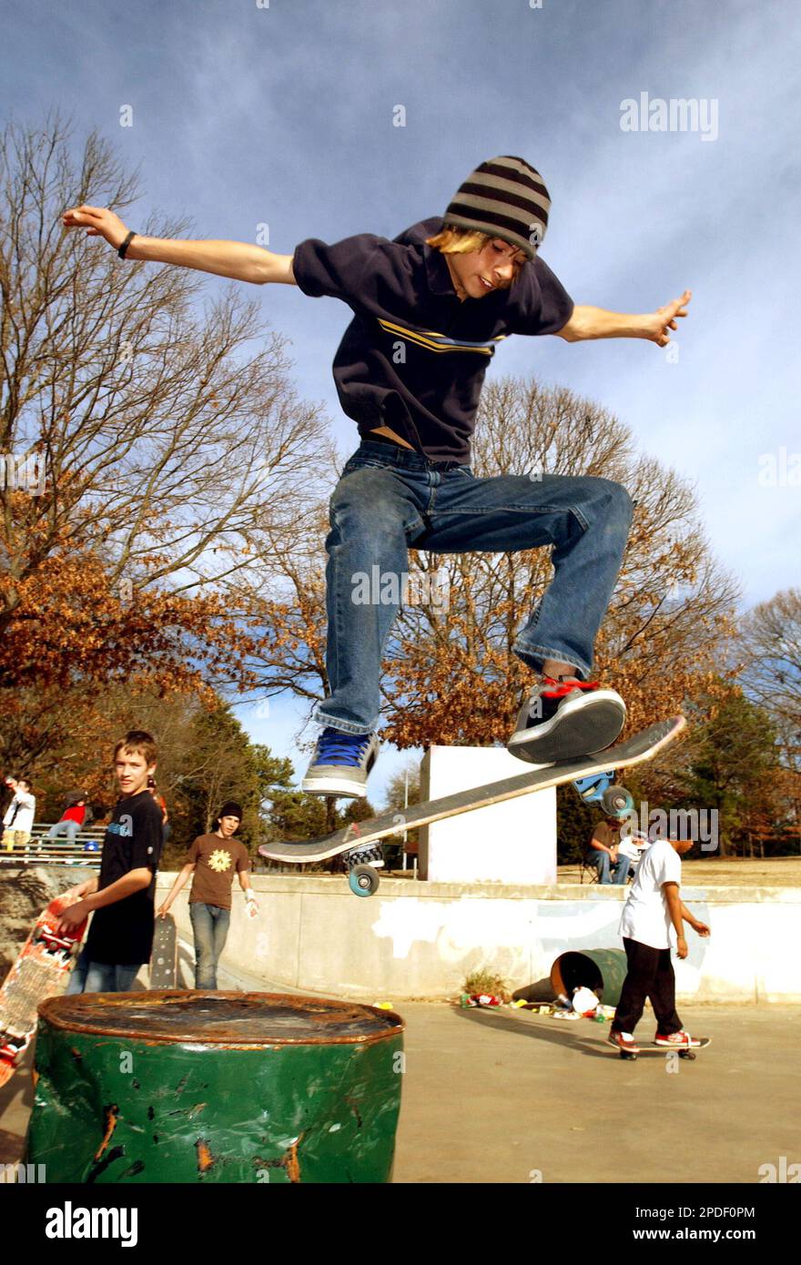Cody Gregory clears a 55-gallon drum on his skateboard at Noble E ...