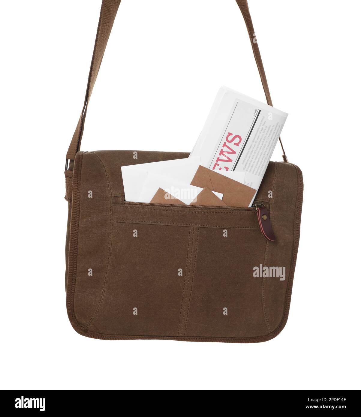 Brown postman bag with mails and newspaper on white background Stock ...