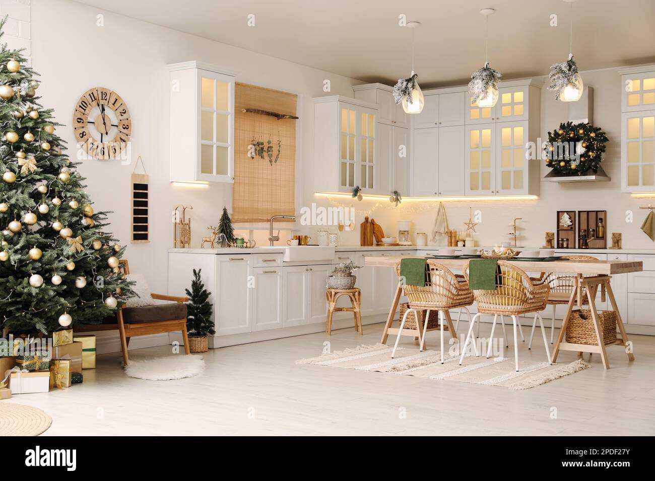 Cozy open plan kitchen decorated for Christmas. Interior design Stock ...