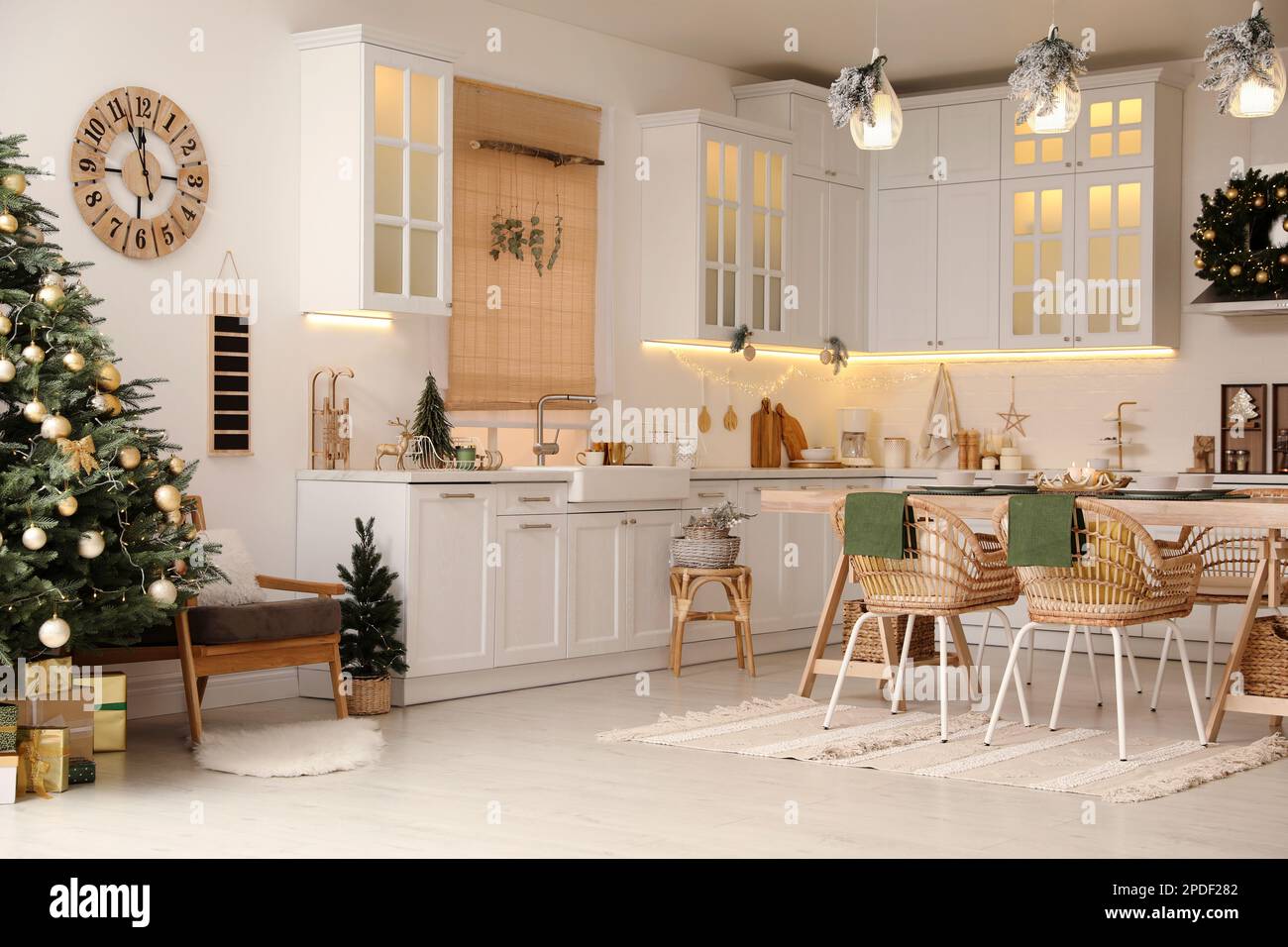 Cozy open plan kitchen decorated for Christmas. Interior design Stock ...