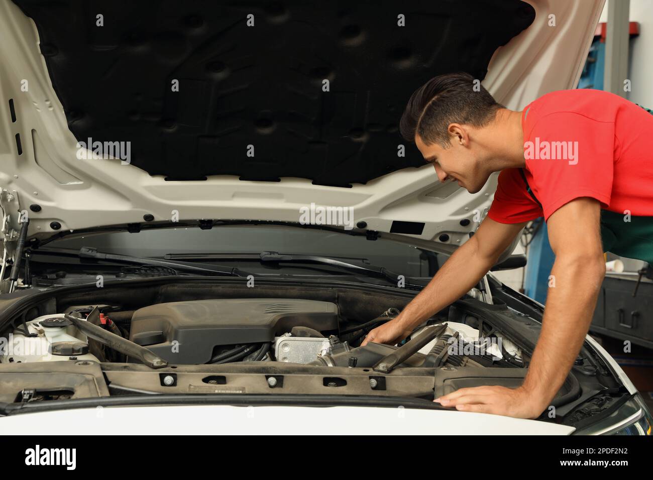 Professional mechanic checking modern car at automobile repair shop ...