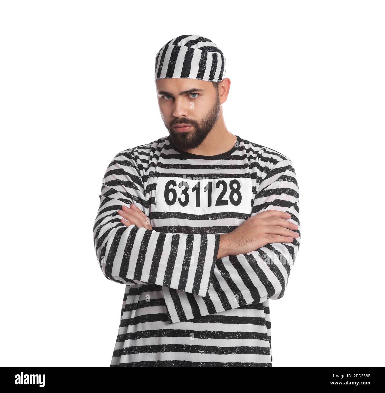 Prisoner in special uniform on white background Stock Photo - Alamy