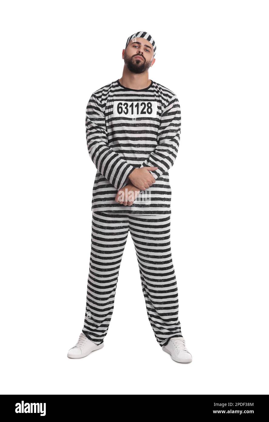 Prisoner in special uniform on white background Stock Photo - Alamy