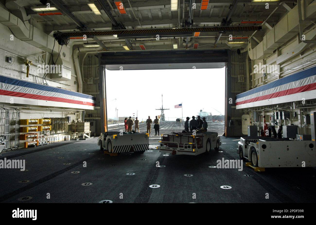 A view from inside the hanger bay looking out toward the flight deck ...