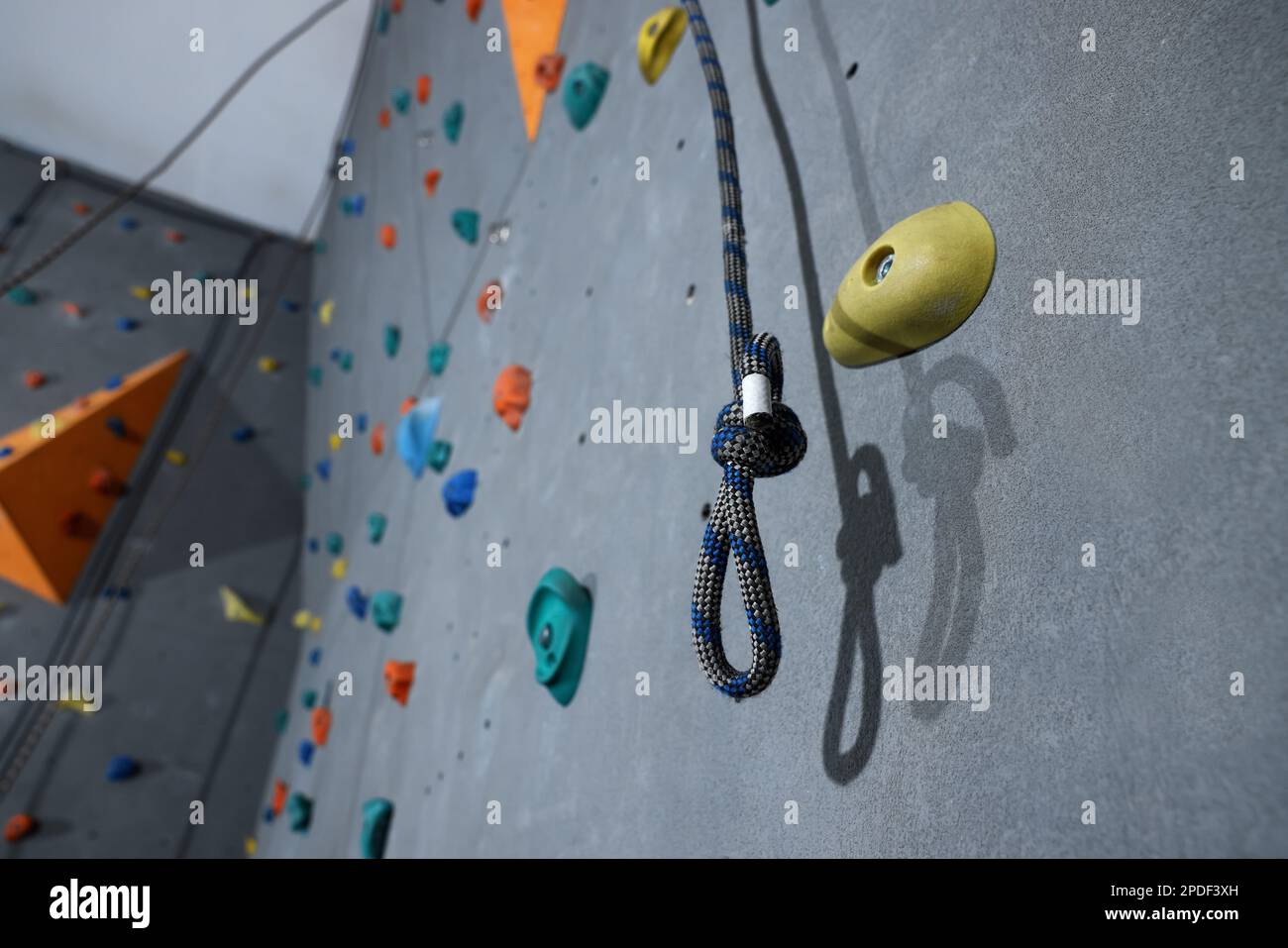 Climbing rope and wall with holds in gym Stock Photo - Alamy