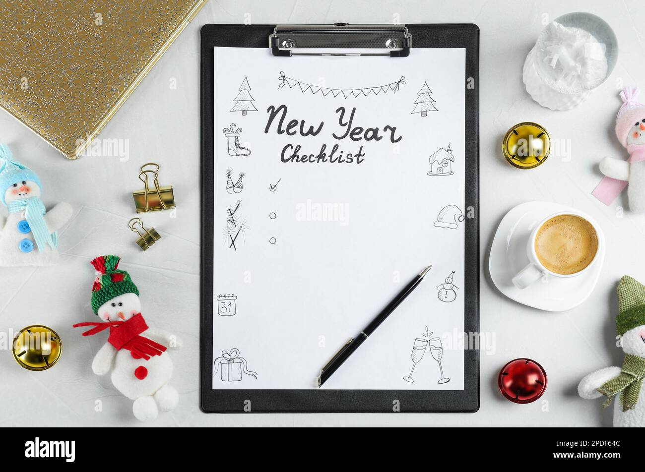 New Year Checklist. Flat lay composition with clipboard and festive ...
