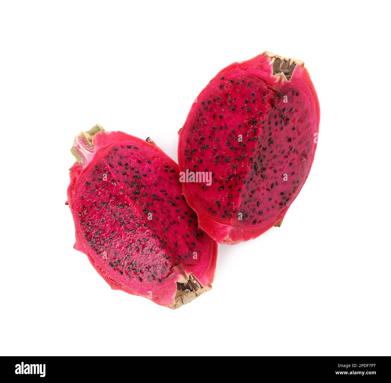 Delicious cut red pitahaya fruit on white background, top view Stock ...