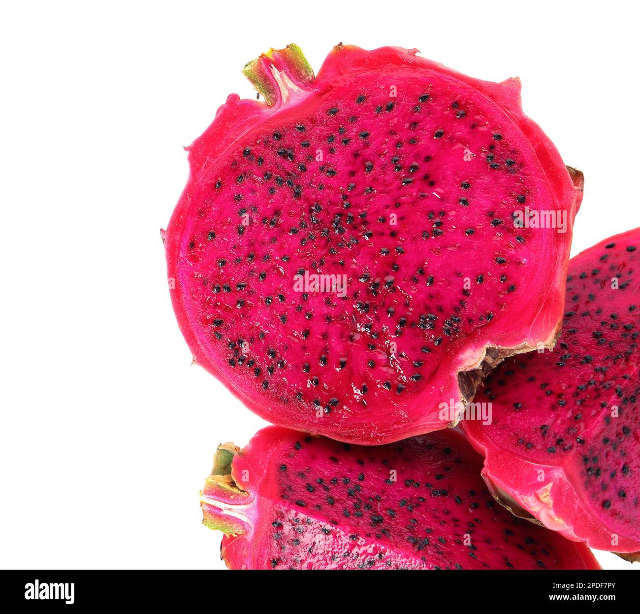 Delicious cut red pitahaya fruit on white background, top view Stock ...